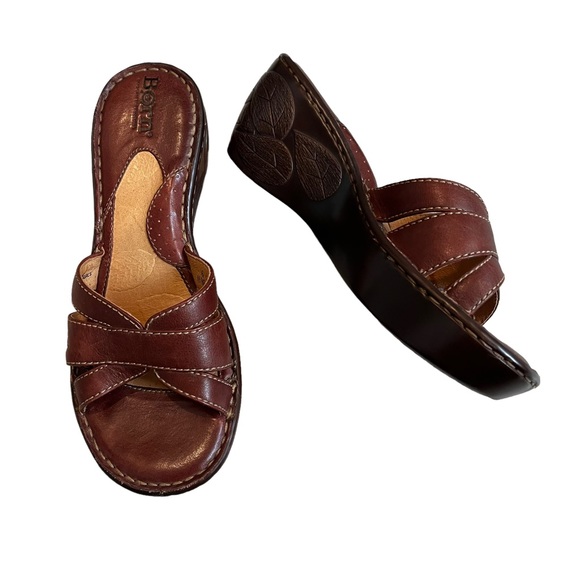 Born | Shoes | Born Wedge Strappy Slides Mules W629 Brown Leather Slip ...
